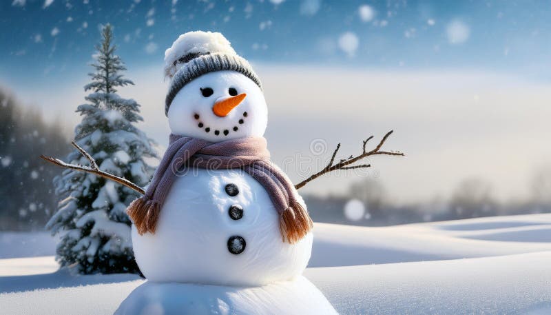 Winter Christmas Themed Realistic Picture of a Snowman on a Landscape ...