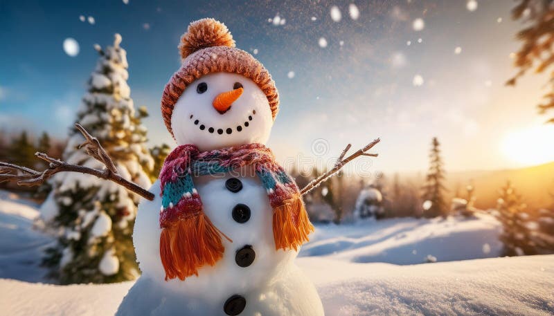 Winter Christmas Themed Realistic Picture of a Snowman on a Landscape ...