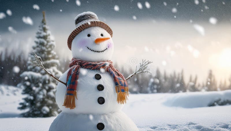 Winter Christmas Themed Realistic Picture of a Snowman on a Landscape ...