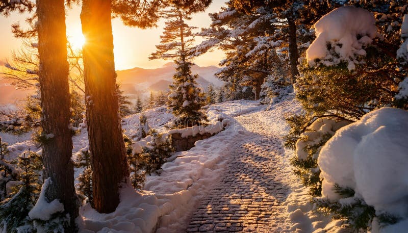 Winter Landscape Cobblestone Path in a Snow Forest Stock Illustration ...