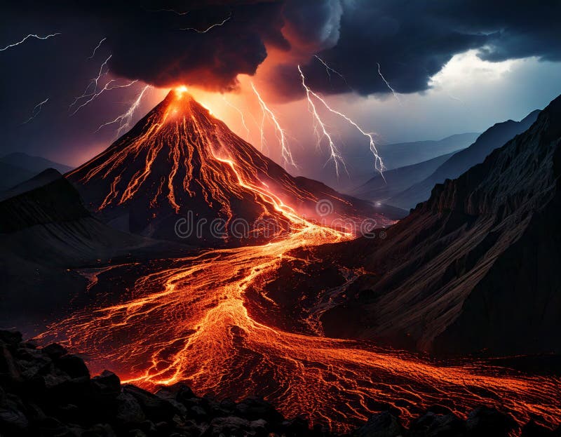 Lava Flows from an Erupting Volcano while Lightning Strikes. Stock ...