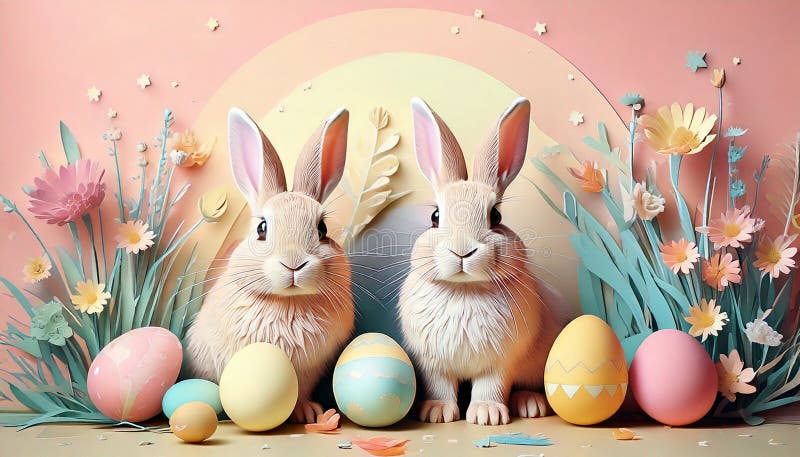 Two Light Brown Rabbits Sit on a Pastel Background with Decorated ...