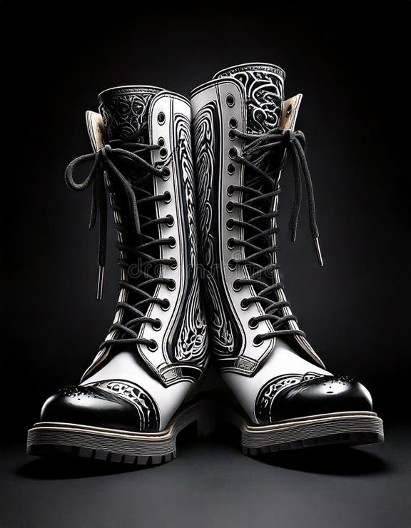 High Black and White Leather Boots Featuring Intricate Embossed ...