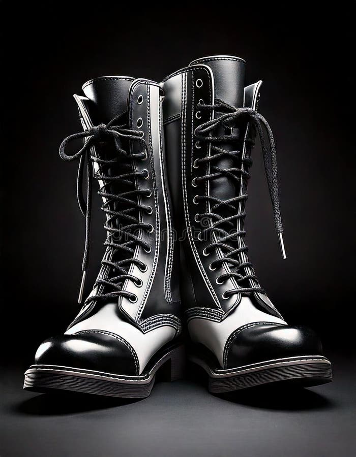 Sleek, Black and White Combat Boots with High Tops and Intricate Lace ...