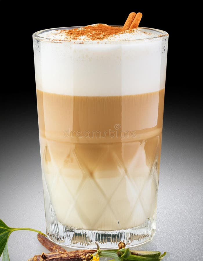 Layered Latte Macchiato with Whipped Cream and Cinnamon in Glass ...