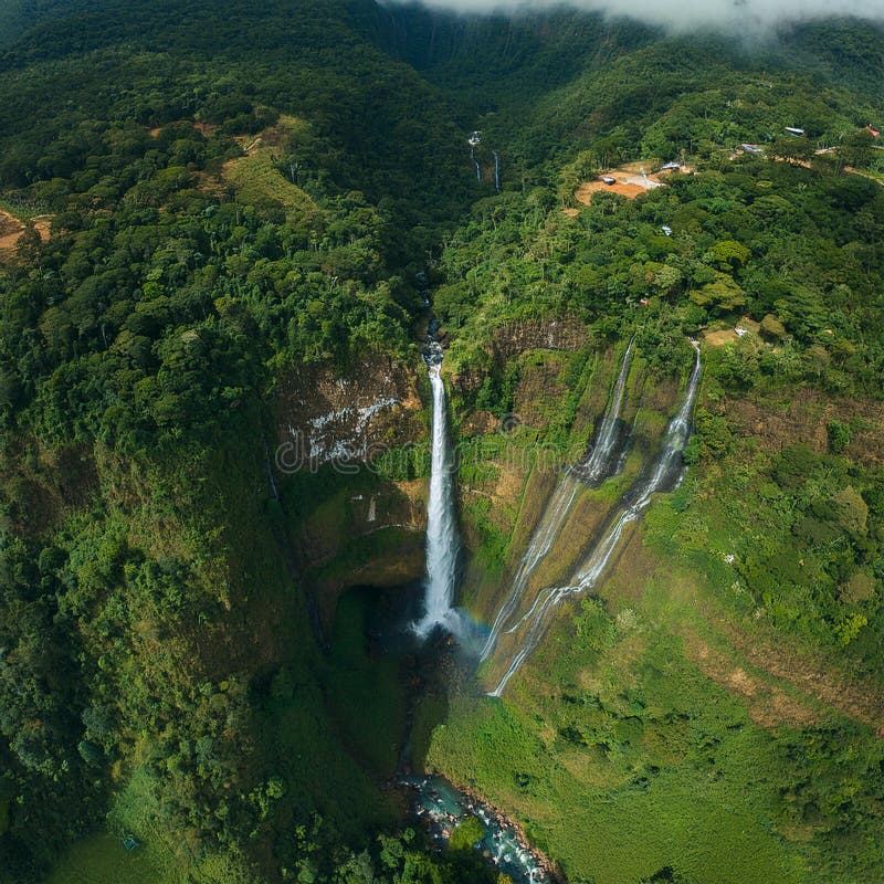 Aerial View of Tall Waterfalls Flowing Down Lush Green Cliffs in ...