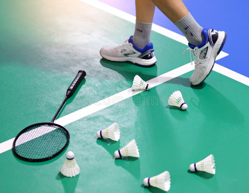 Badminton Court with Racket, Shuttlecocks, and Player S Feet Stock ...