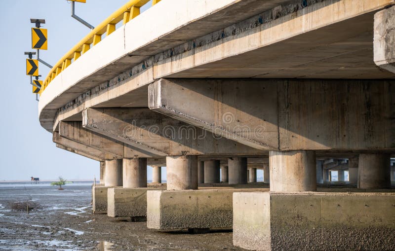 Structure of Reinforced Concrete Bridge Along the Sea. Bottom View of ...
