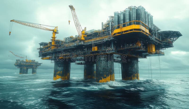 A Massive Oil and Gas Platform in the Ocean with Cranes Lifting ...