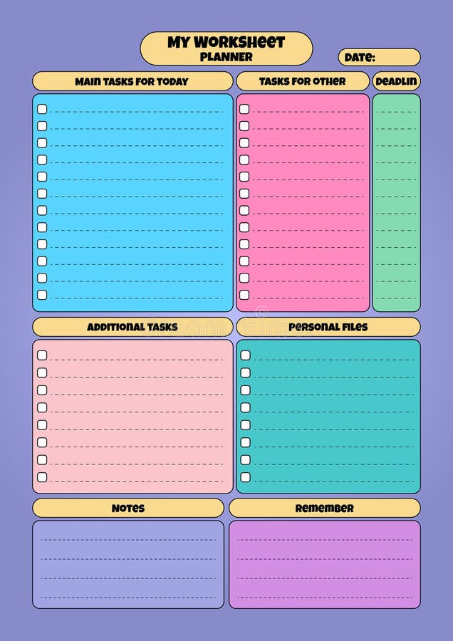 Colorful Work Sheet Planner Template for Task Management Stock ...