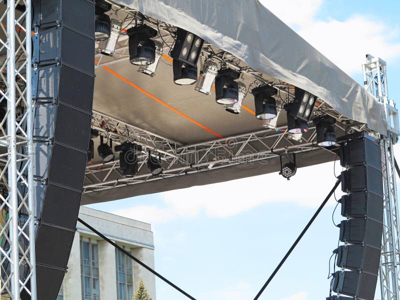 Structures of Stage Illumination Spotlights Equipment and Speakers ...
