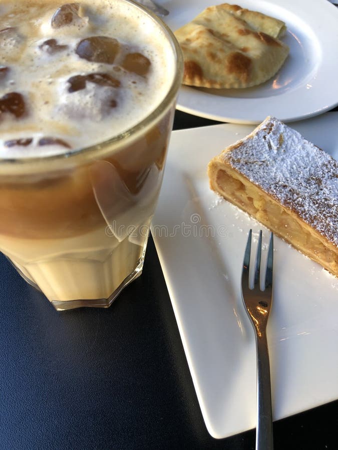 Strudel with Apple and Cinnamon and Iced Coffee Stock Photo - Image of ...