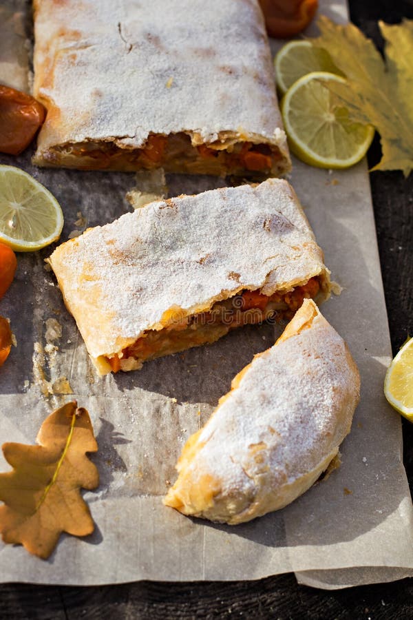 Strudel with Apples, Pumpkin, Apricots, Lemon. Stock Image - Image of ...