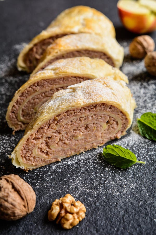 Strudel with Walnut and Apple Filling Stock Image - Image of filling ...