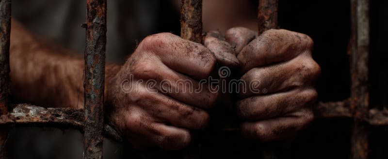 The Struggled Hands Gripping Rusty Prison Bars in Darkness AI Generated ...