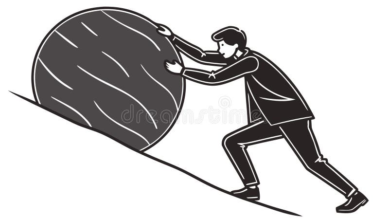 Struggling Man Pushing Heavy Rock, Symbolizing a Difficult Task. Vector ...