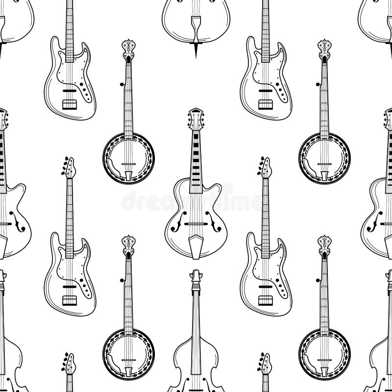 Strumming Instruments Hand Drawn Outline Seamless Pattern Stock Vector ...