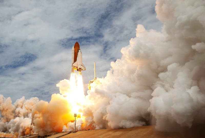 The Launch of a Space Rocket at Night, in Clouds of Smoke. Elements of ...