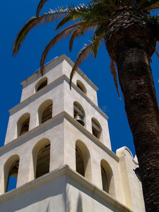 Stucco Church Bell Tower and Palm Tree Stock Image - Image of church ...