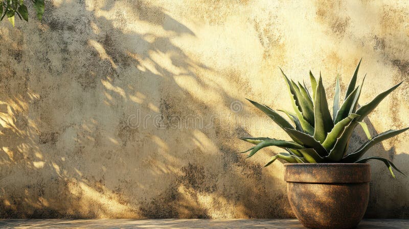 Stucco Wall with Plant Shadow and Pot Minimal Summer Background with ...