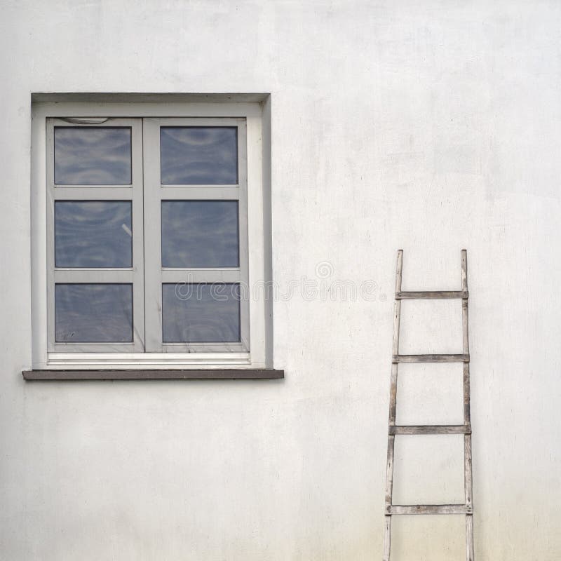 Stucco Wall with Window and Wooden Ladder Stock Photo - Image of mortar ...