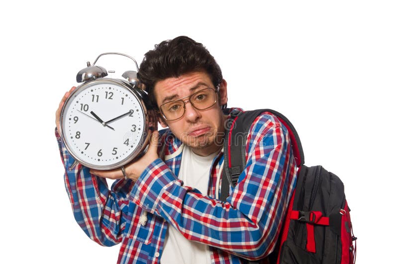 Student with Alarm Clock Isolated on White Stock Image - Image of ...