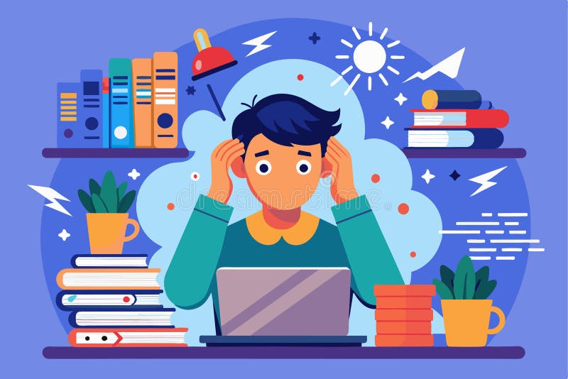 A Student Appears Overwhelmed while Studying at a Cluttered Desk Filled ...