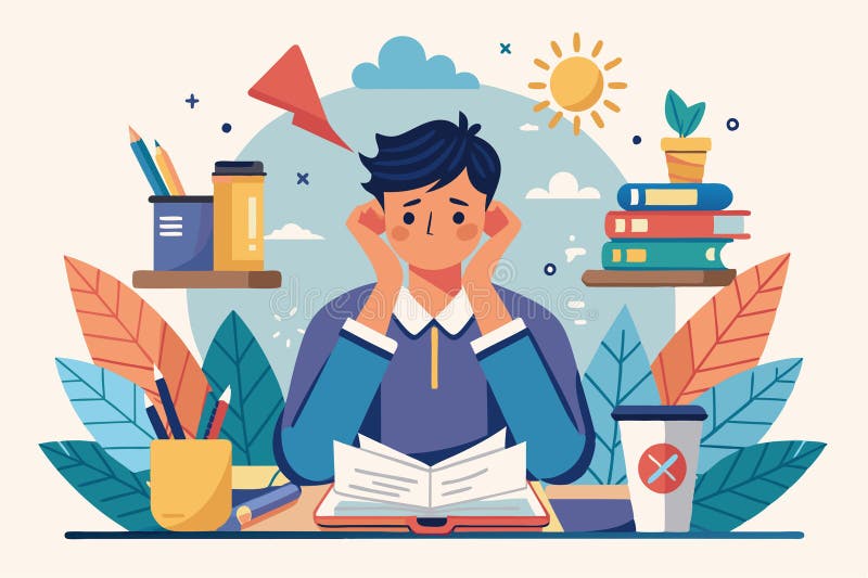 A Student Appears Stressed while Studying at a Cluttered Desk with ...