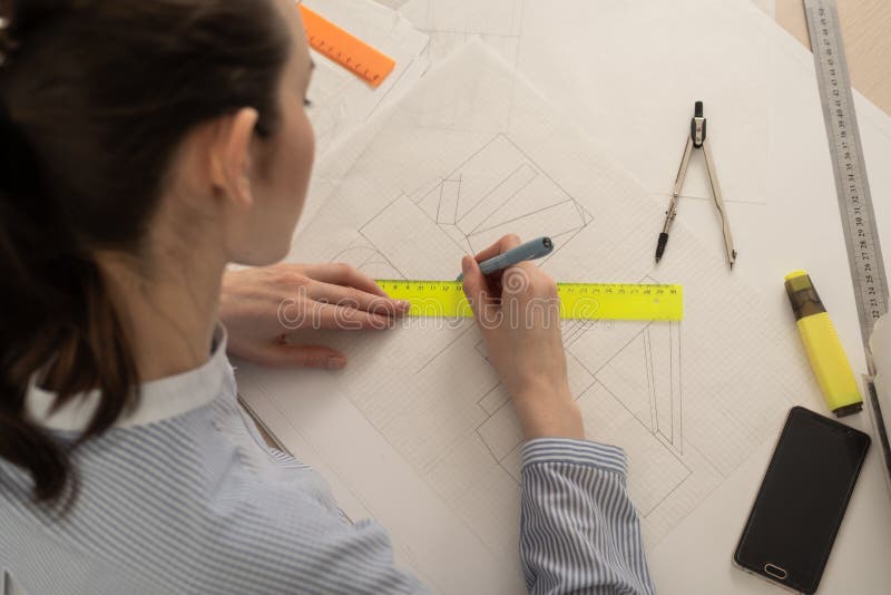 Student Architect Draws Geometric Shapes, Design Practice Stock Photo ...