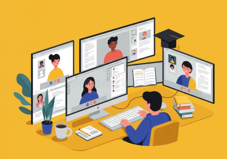 Student Attending Virtual Class with Many Screens Stock Illustration ...