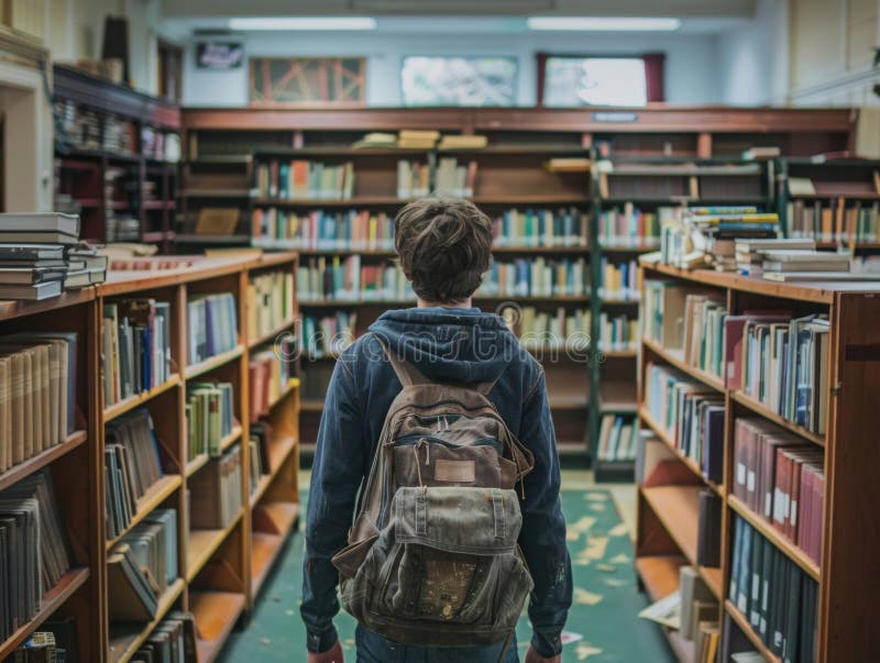 A Student with a Backpack Explores the Shelves of a Library, Surrounded by Books, in a Quiet and ...