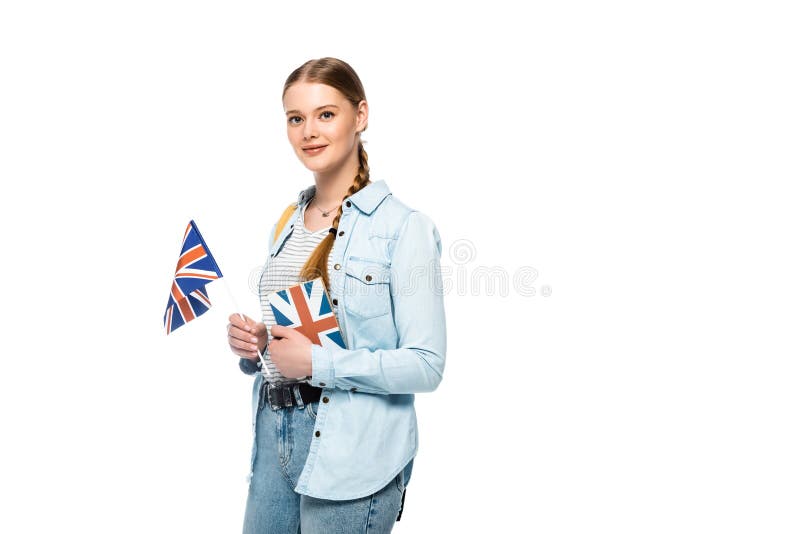 Student with Backpack Holding Book and British Flag Isolated on White ...