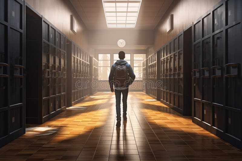 Student with Backpack in Middle of School Corridor, Back To School ...