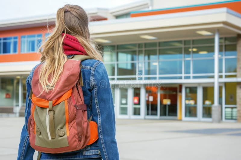 Student with Backpack Standing Outside School Stock Illustration ...