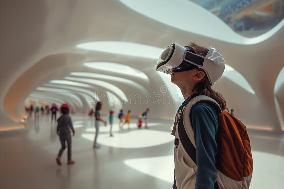 Student with Backpack and VR Headset Engaging Virtual Reality Art ...