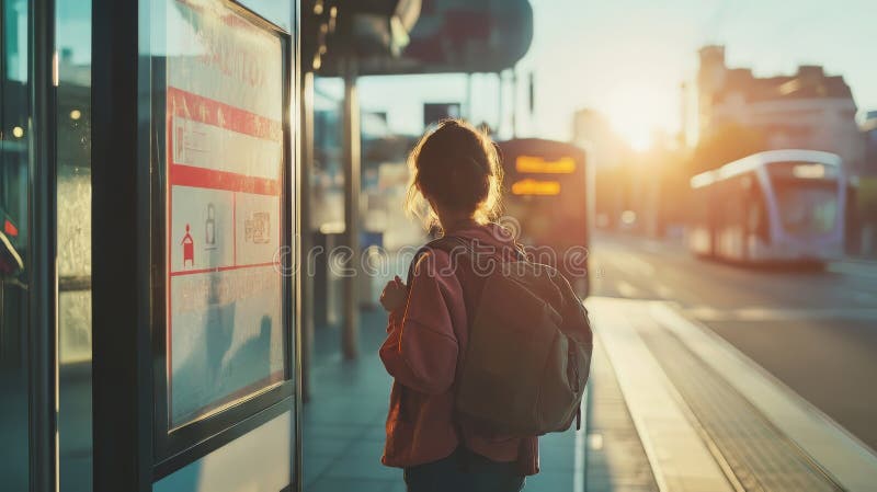 Student Waiting for Bus at Sunset at Bus Stop Stock Illustration ...