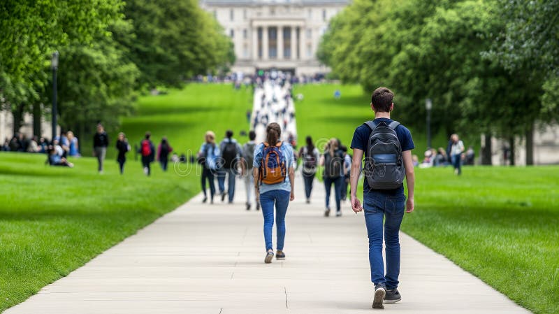 A Student with a Backpack Walks Down a Scenic Campus Pathway Lined with ...
