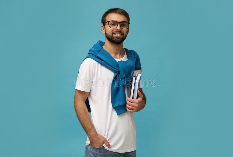 Student Using Laptop on Light Blue Background Stock Image - Image of ...