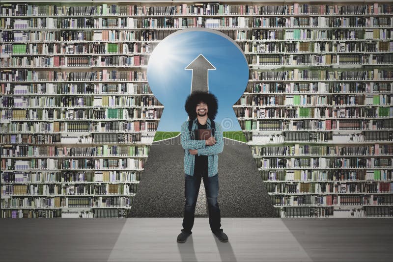 Student with Bookshelf and Keyhole Stock Image - Image of bright, afro ...