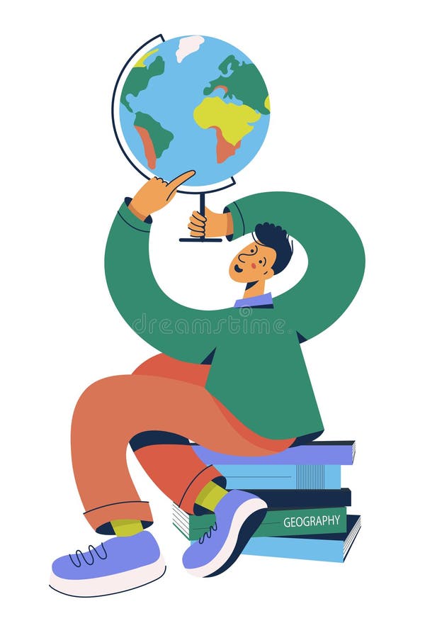 Student Boy Exploring Earth Globe, Learning Geography. Geography Class ...