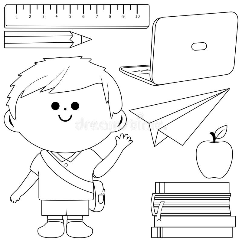 Student Boy and Set of School Objects. Vector Black and White Coloring ...