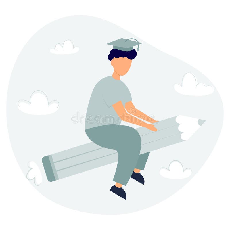 Student Boy Sitting on the Rocket Pencil. Graduate Young Man Flying in ...