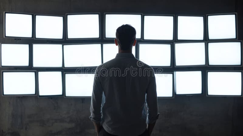 Student Boy Standing in Front of Many of White Monitor Screen. Back ...