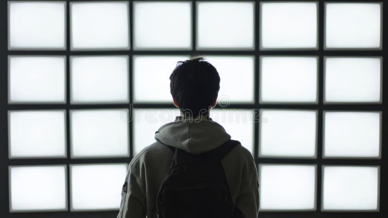 Student Boy Standing in Front of Many of White Monitor Screen. Back ...