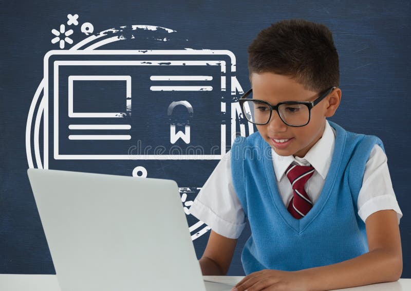 Student Boy at Table Looking at a Computer Against Blue Blackboard with ...