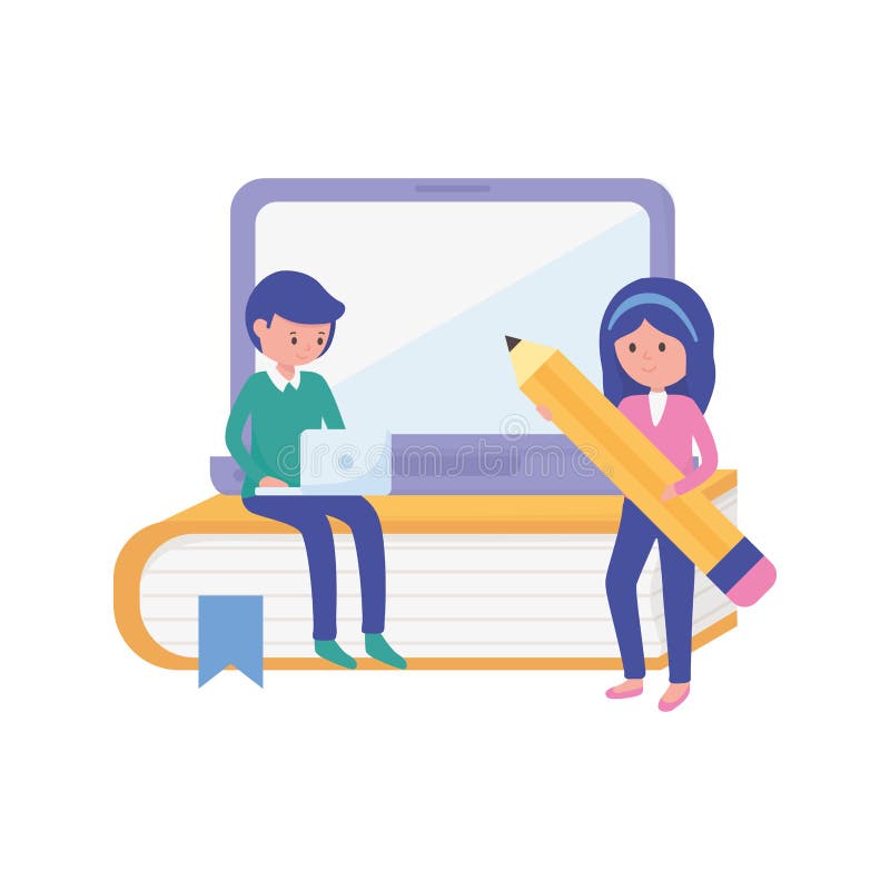 Student Boy and Woman with Laptop Book Pencil Education Learning Online ...