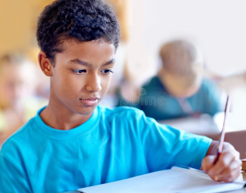 Student, Boy and Writing Notes for Knowledge in Classroom, Book and ...