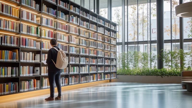 Student Browsing Bookshelves in Modern University Library Stock Photo ...