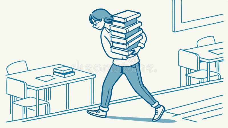 Student Carrying Large Stack of Books in Classroom Setting Vector ...