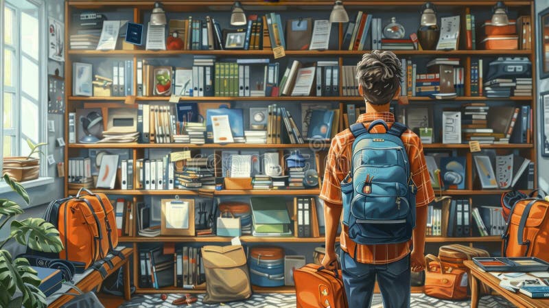 A Student in Casual Clothes with a Backpack on His Shoulders Points ...